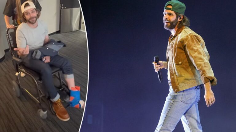 Country star Thomas Rhett falls at concert, leaves in wheelchair - FOX ...
